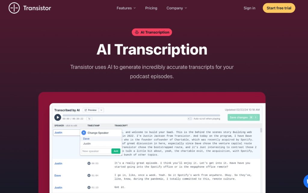 Transistor: Generate Accurate Transcripts with AI - AI Tools | AI Tools
