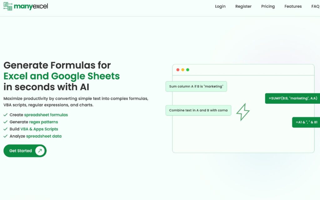 ManyExcel: Generate Excel and Google Sheets Formulas - AI Tools | AI Tools